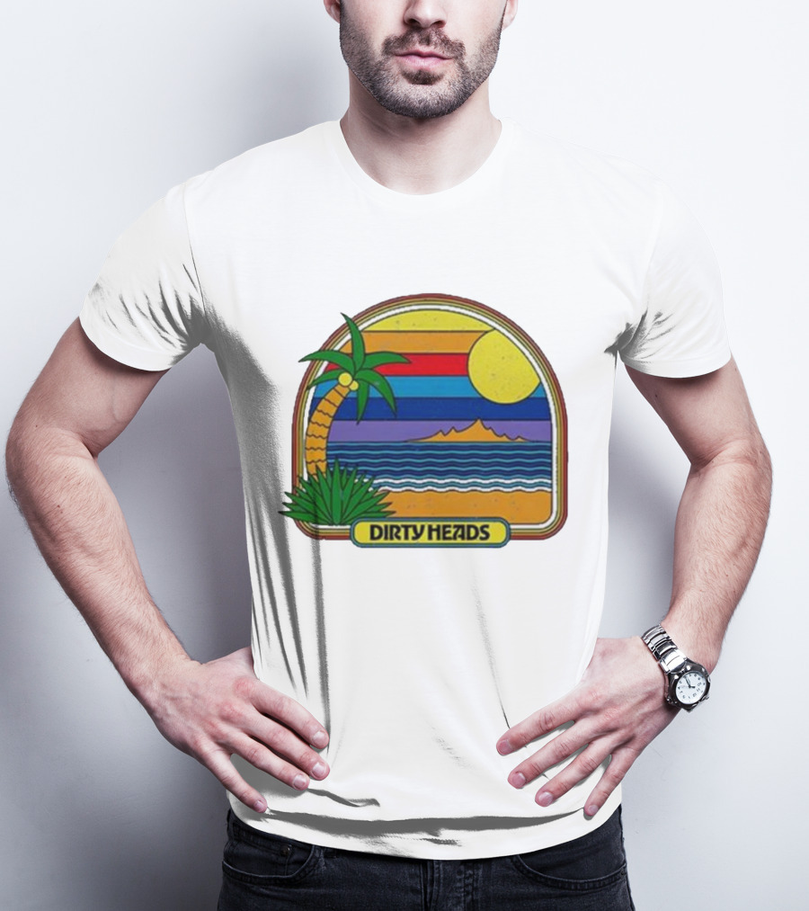 Dirty Heads Retro Beach Sunset Palms Ocean Scene T-Shirt