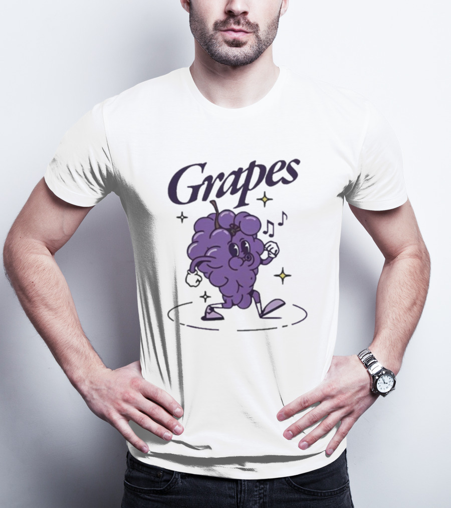 James Marriott Grapes Dancing Purple Cartoon With Musical Notes And Stars T-Shirt