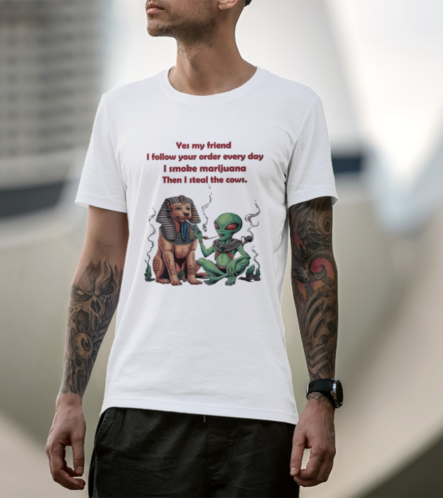 Yes My Friend I Follow Your Order Every Day I Smoke Marijuana Then I Steal The Cows Alien With Sphinx Smoking T-Shirt