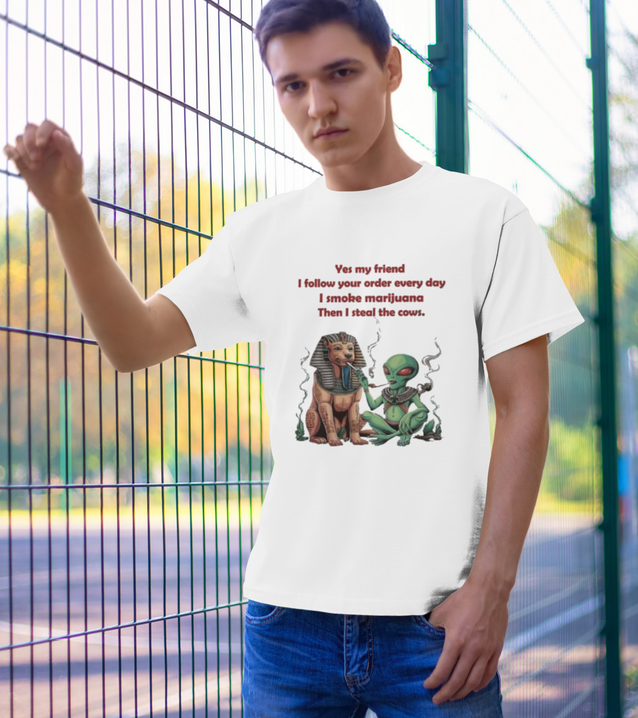Yes My Friend I Follow Your Order Every Day I Smoke Marijuana Then I Steal The Cows Alien With Sphinx Smoking T-Shirt