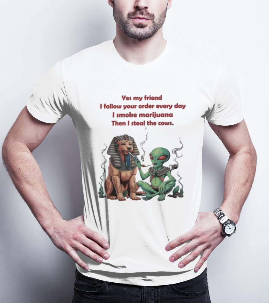Yes My Friend I Follow Your Order Every Day I Smoke Marijuana Then I Steal The Cows Alien With Sphinx Smoking T-Shirt