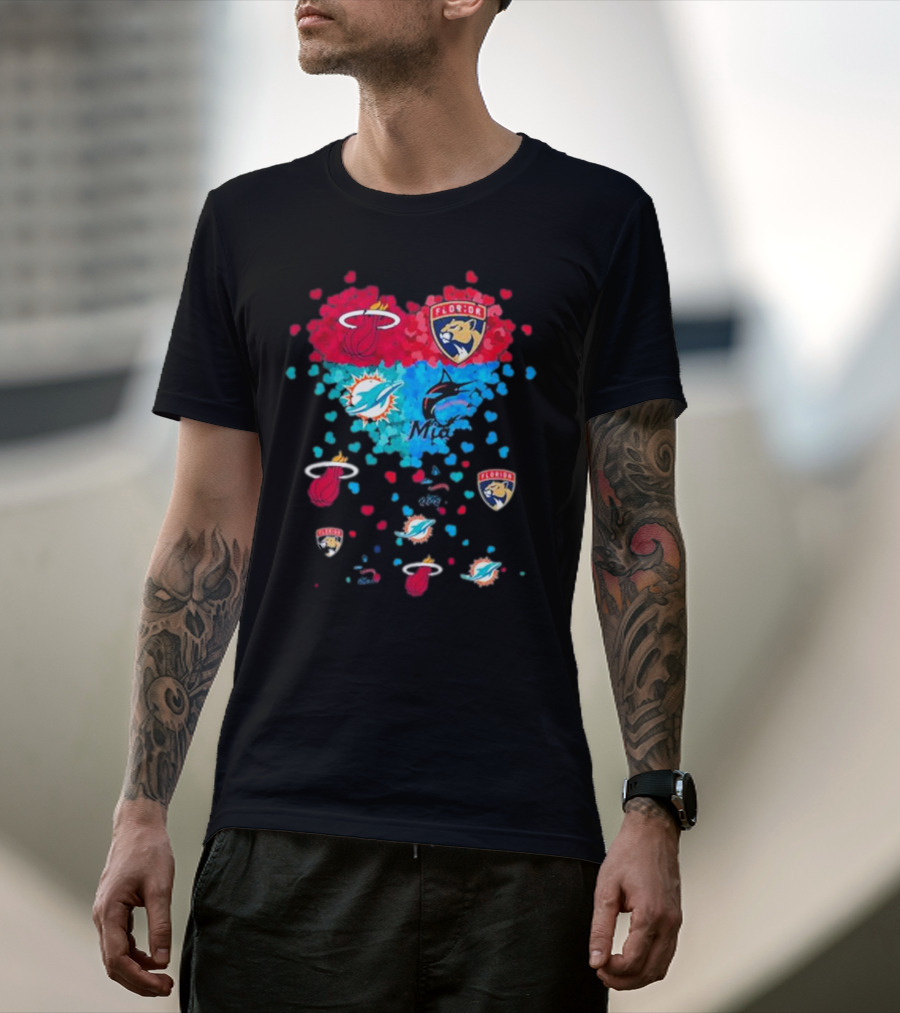 Miami Dolphins Miami Heat Florida Panthers Mashup Hearts T-Shirt