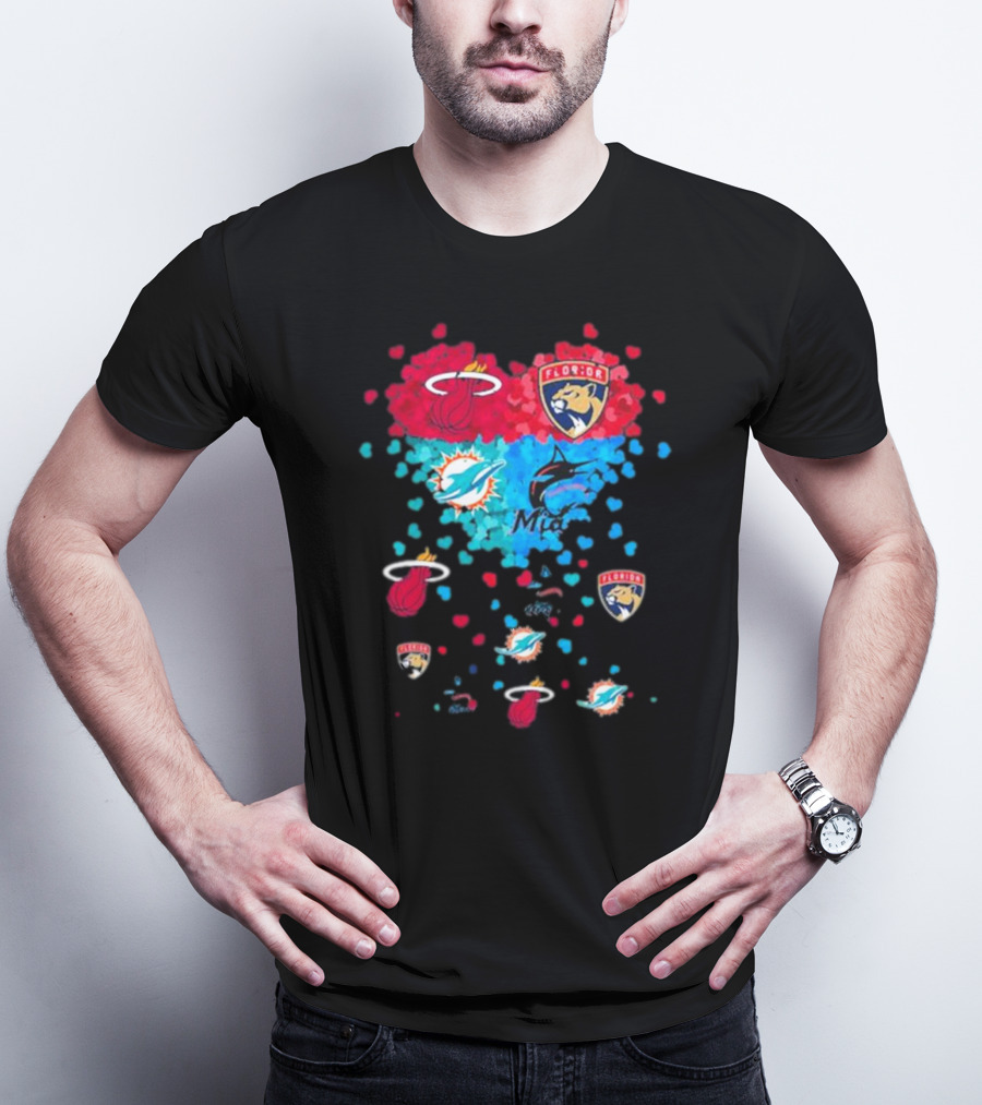 Miami Dolphins Miami Heat Florida Panthers Mashup Hearts T-Shirt