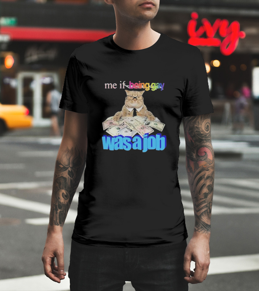 Cat With Money And Rainbow Text Me If Being Gay Was A Job T-Shirt