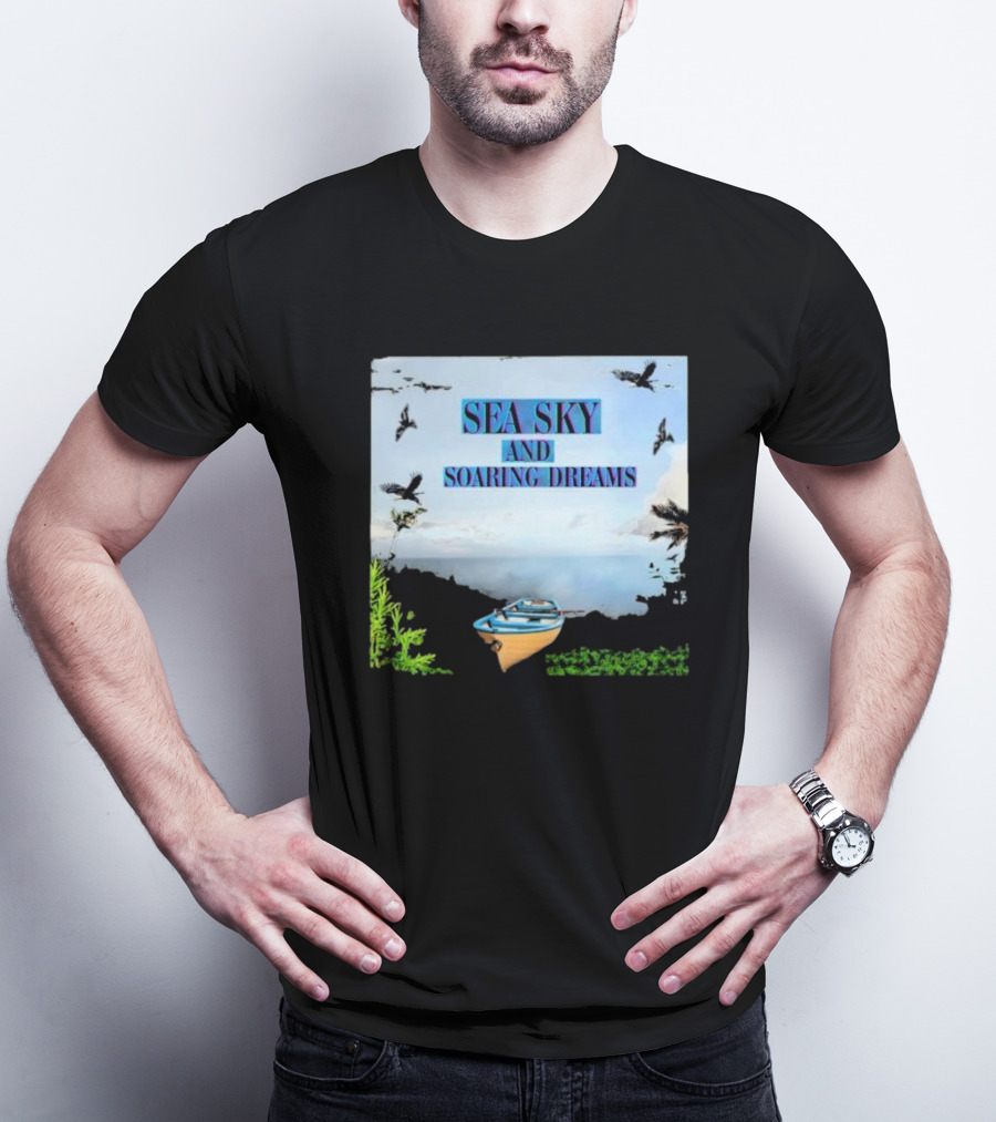 SEA SKY AND SOARING DREAMS WITH BIRDS AND BOAT IN NATURE SCENE T-Shirt