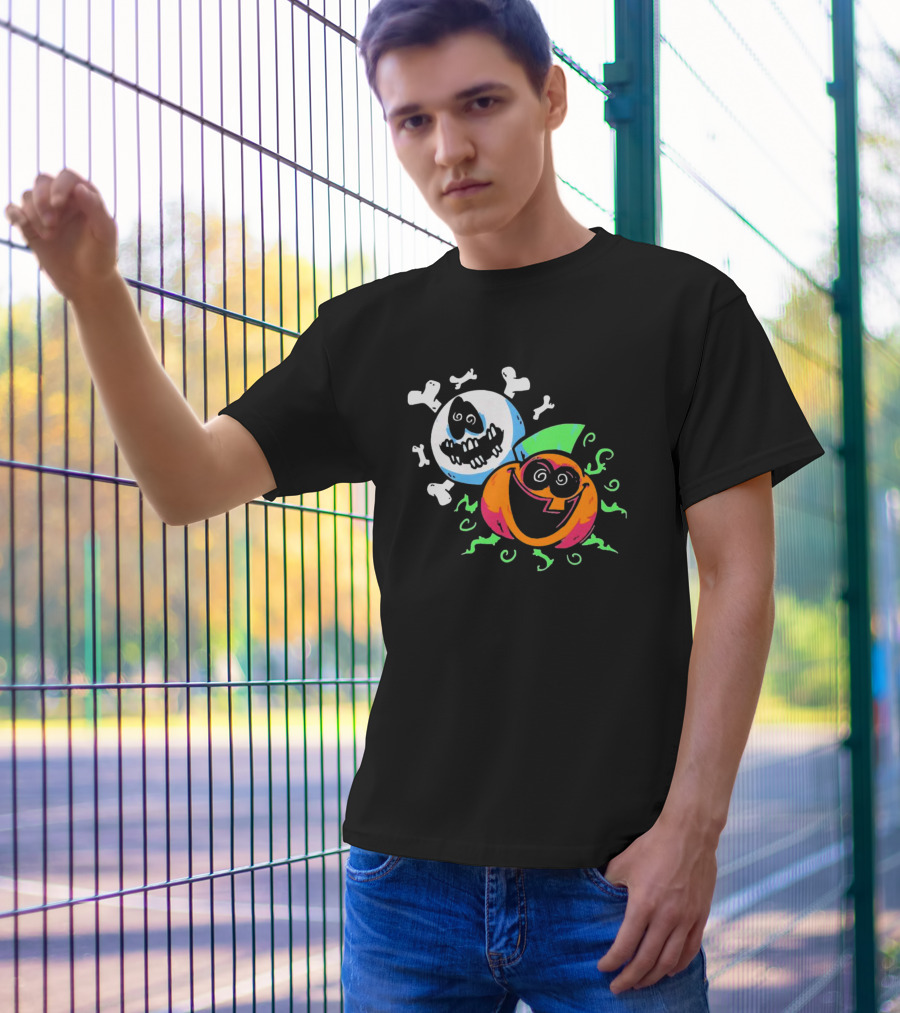 Spooky Month Colorful Cartoon Ghosts And Pumpkins With Bones T-Shirt