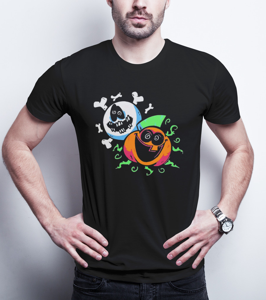 Spooky Month Colorful Cartoon Ghosts And Pumpkins With Bones T-Shirt