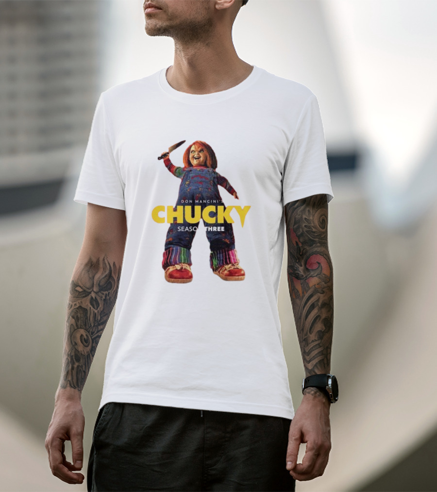 Don Mancini’s Chucky Season Three Horror Character With Knife T-Shirt