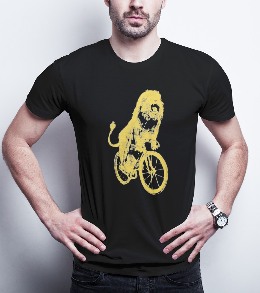 Lion Riding Bicycle Sketch Yellow T-Shirt