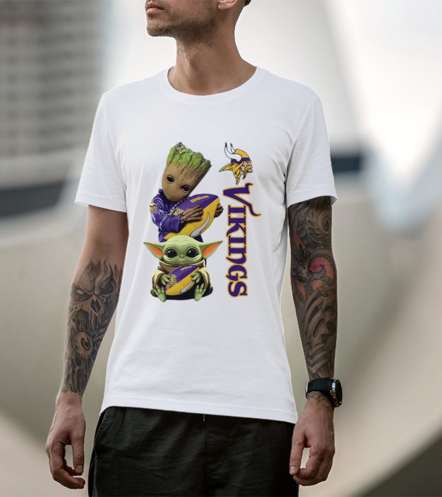 Baby Groot And Yoda Hugging Minnesota Vikings Football T-Shirt
