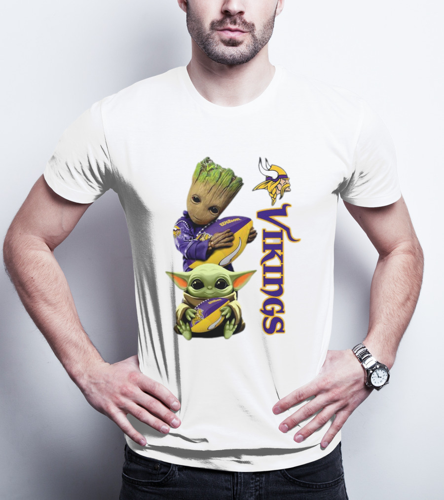 Baby Groot And Yoda Hugging Minnesota Vikings Football T-Shirt