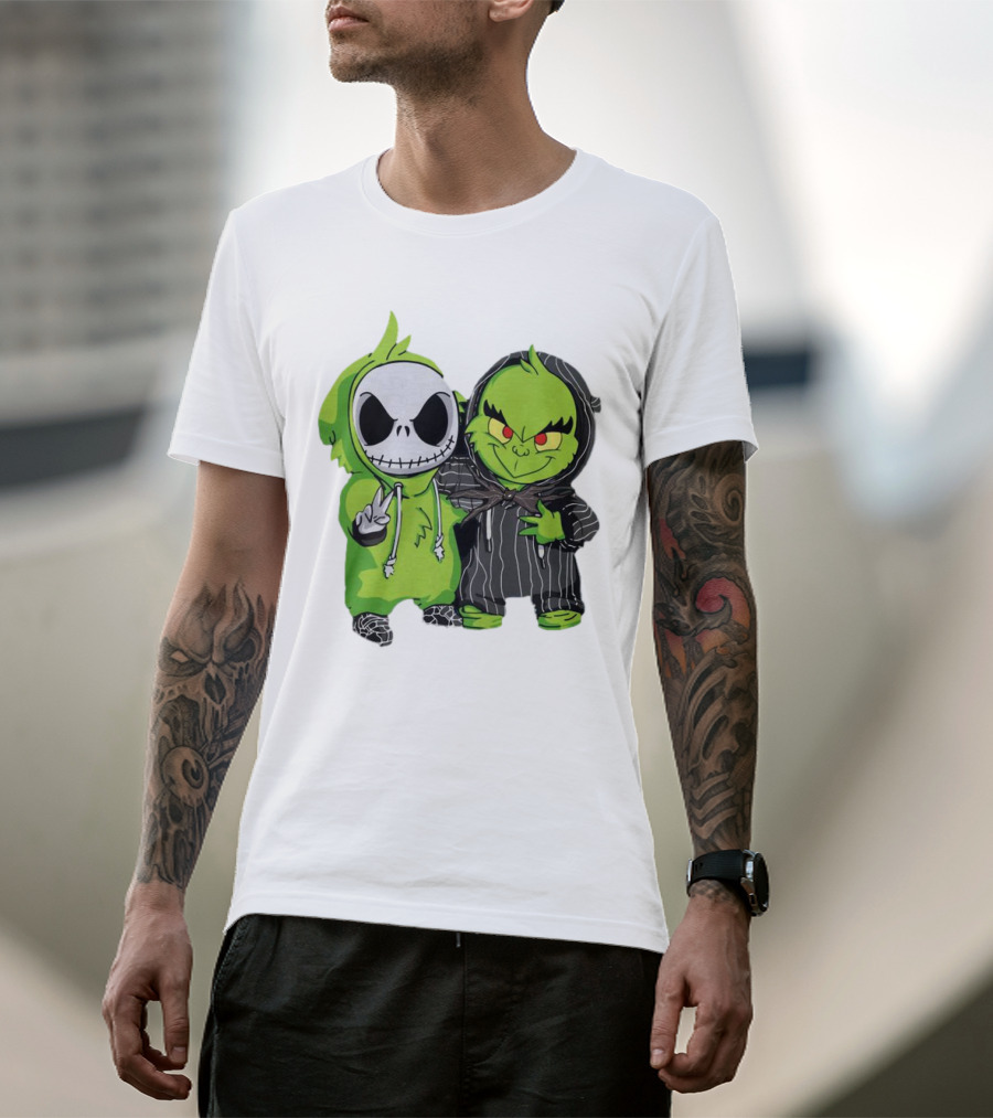 Baby Jack Skellington And Grinch In Green Hoodies T-Shirt