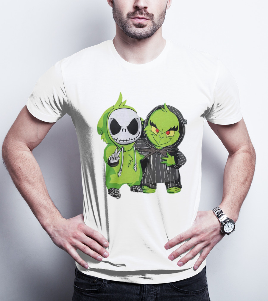 Baby Jack Skellington And Grinch In Green Hoodies T-Shirt