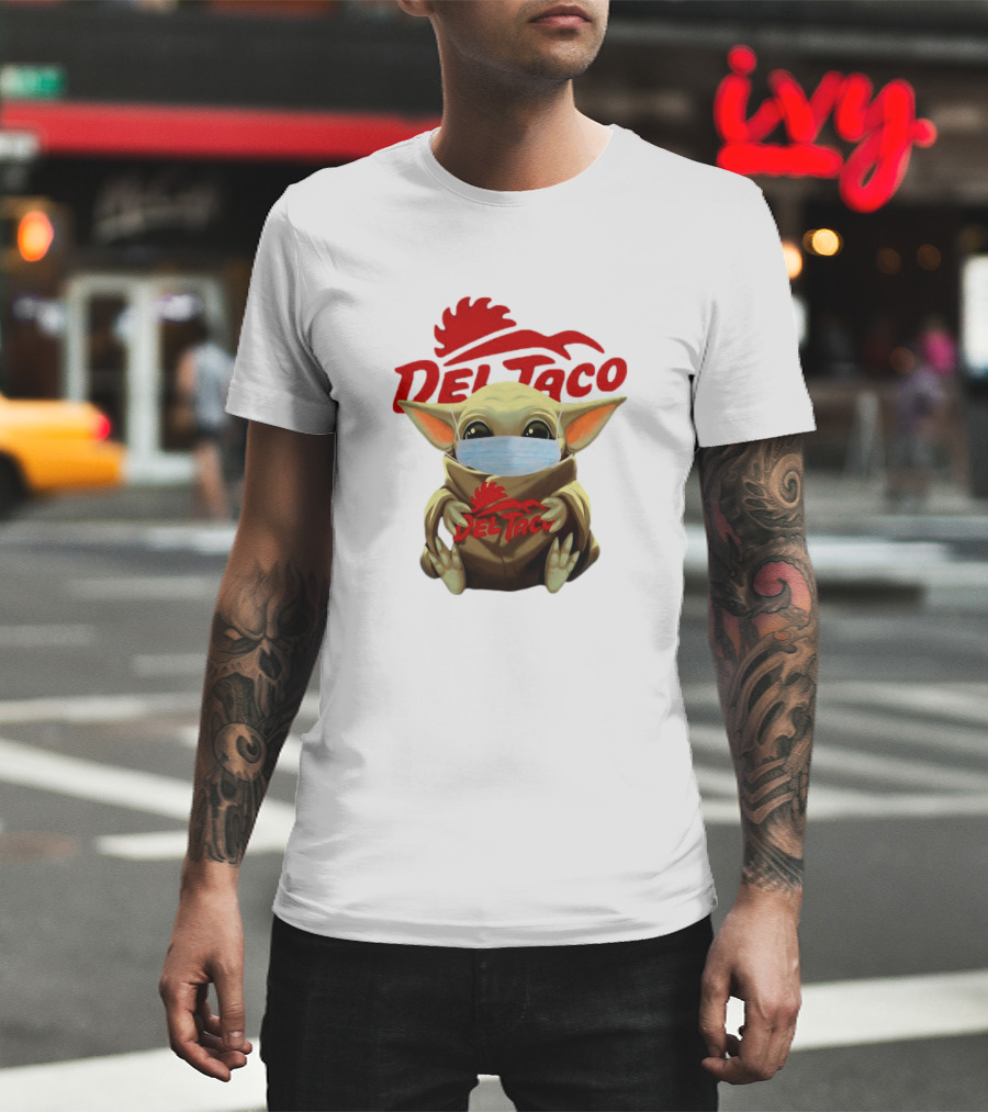 Baby Yoda Wearing Face Mask Holding Del Taco T-Shirt