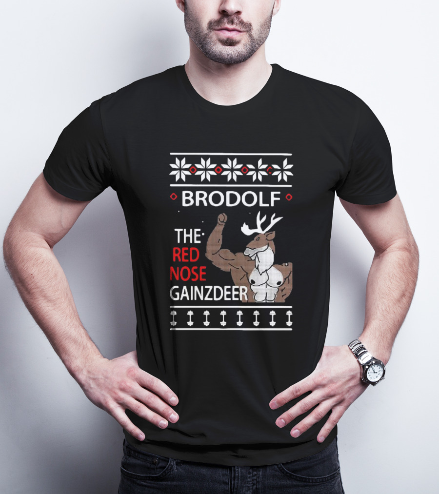Brodolf The Red Nose Muscle Gainz Deer Christmas T-Shirt