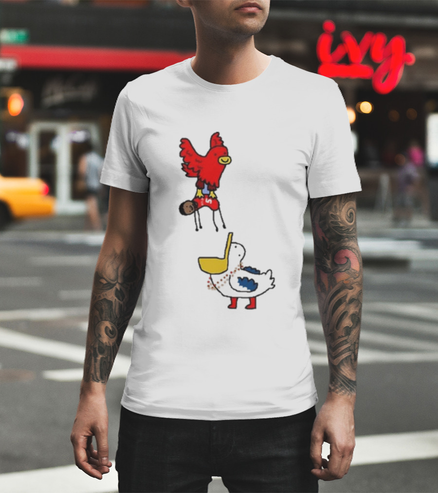 Atlanta Hawks Trade Dejounte Murray Featuring Cartoon Red Hawk Flying Over Pelican T-Shirt