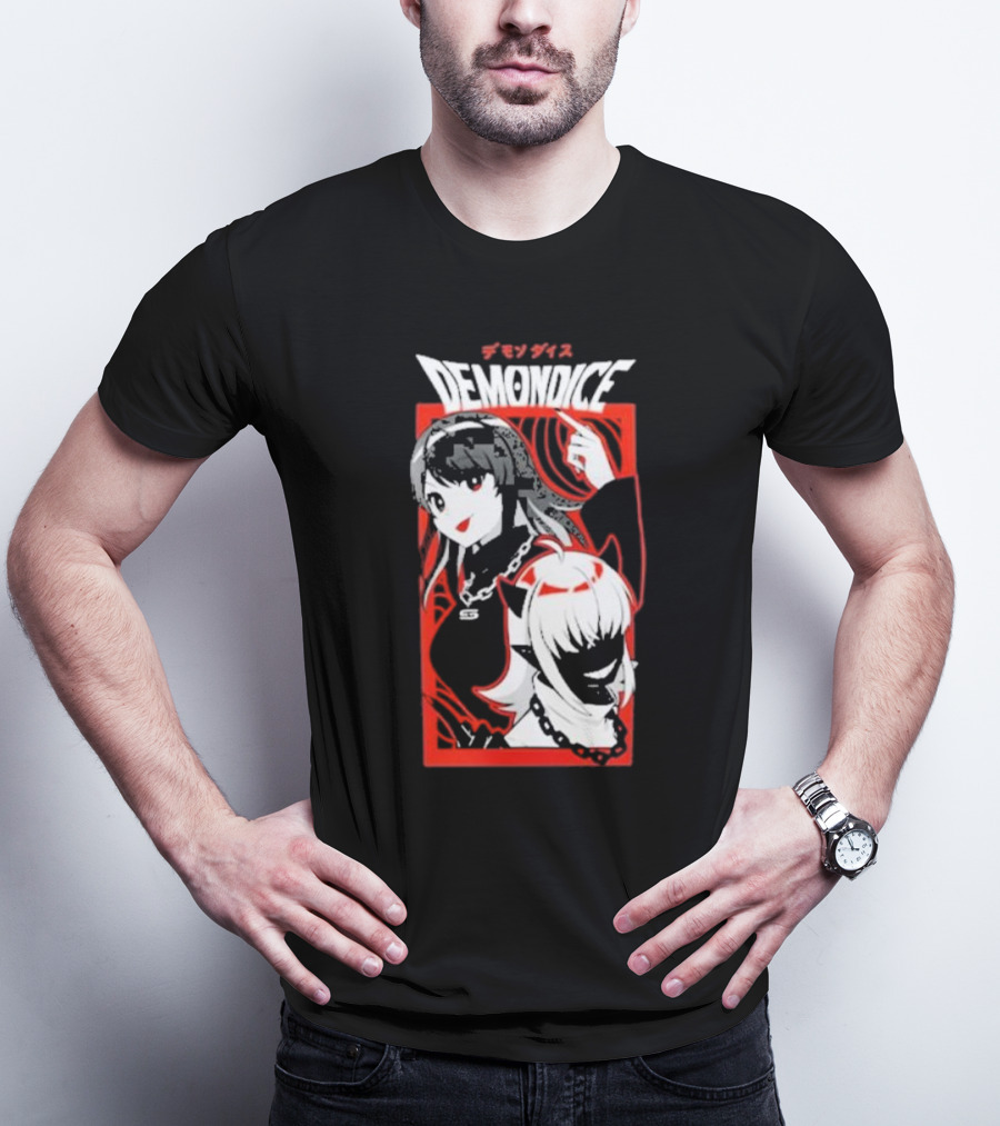 DEMONDICE Anime Style Red And White Character Design Chains T-Shirt