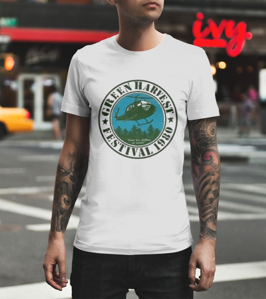 Green Harvest Festival Crazy Helicopter Forest Scene T-Shirt