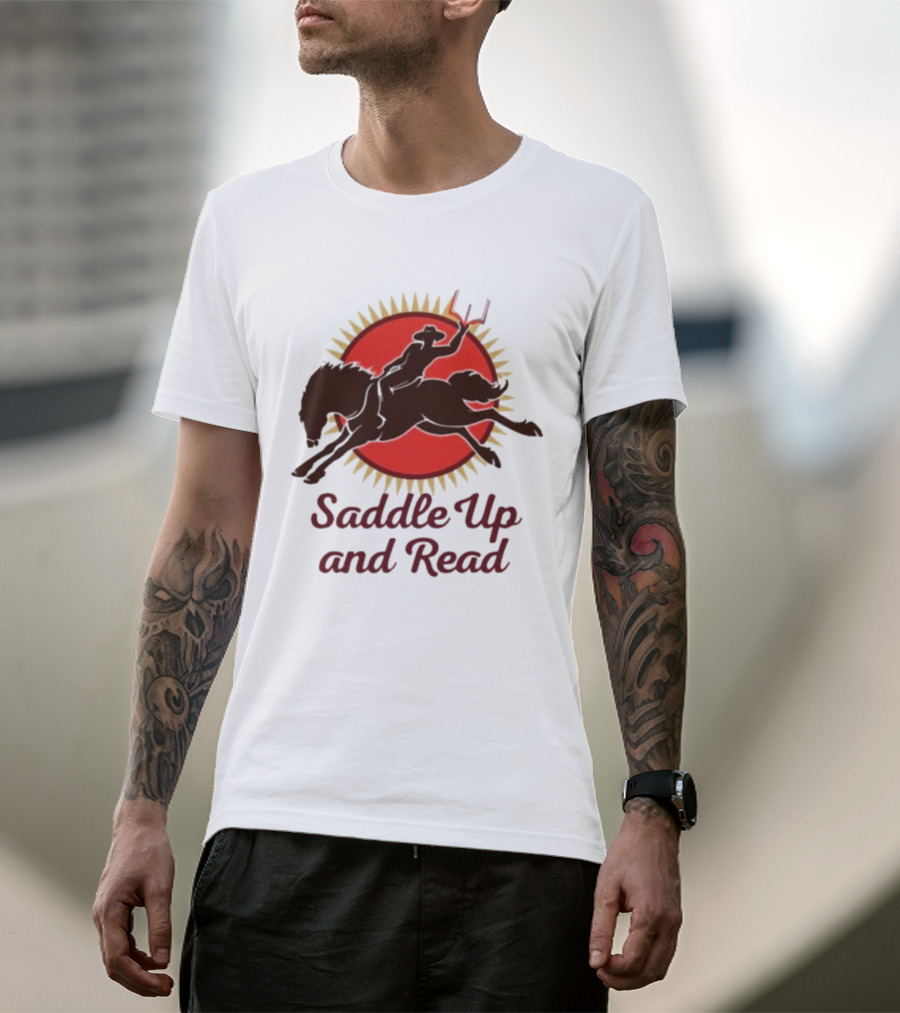Saddle Up And Read Horseback Silhouette Against Sunburst T-Shirt