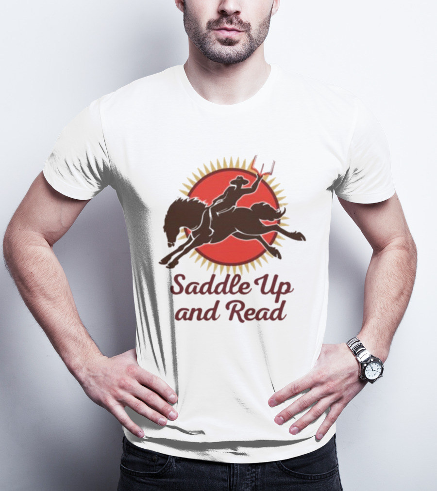 Saddle Up And Read Horseback Silhouette Against Sunburst T-Shirt