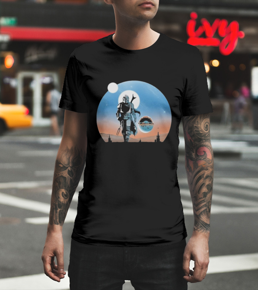 Protect The Child Star War Walking Mandalorian Sunset Adventure T-Shirt