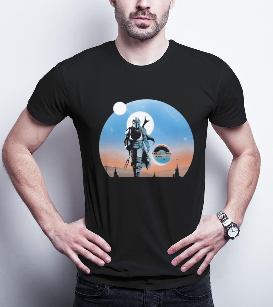 Protect The Child Star War Walking Mandalorian Sunset Adventure T-Shirt