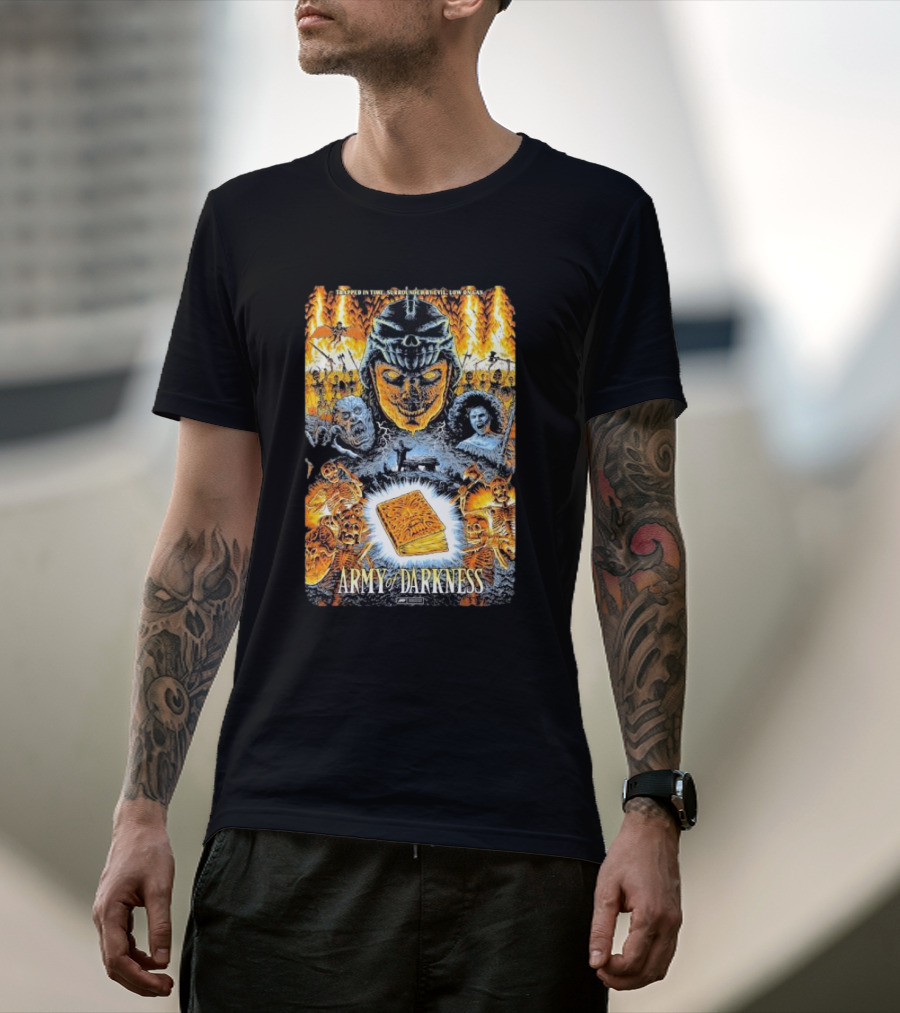 Trapped In Time Surrounded By Evil Low On Gas Army Of Darkness Necronomicon Evil Dead Horror Collage T-Shirt