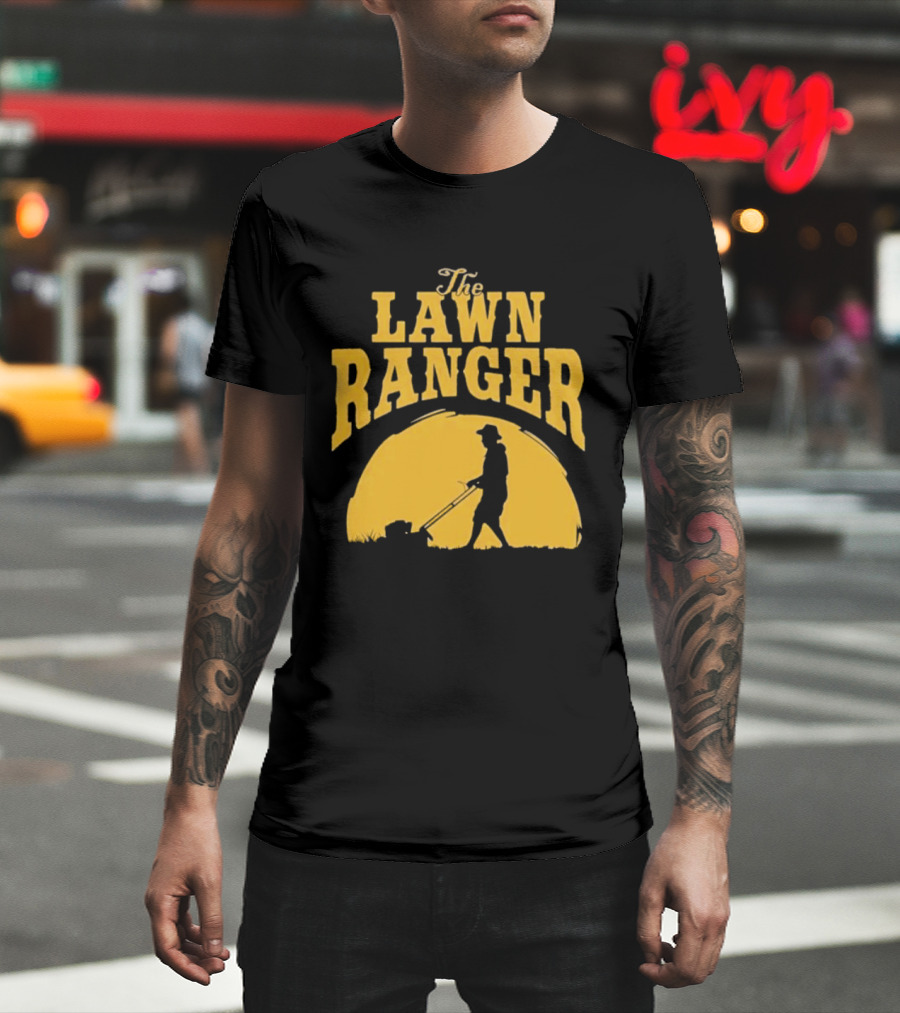 The Lawn Ranger Mower Silhouette Against Setting Sun T-Shirt