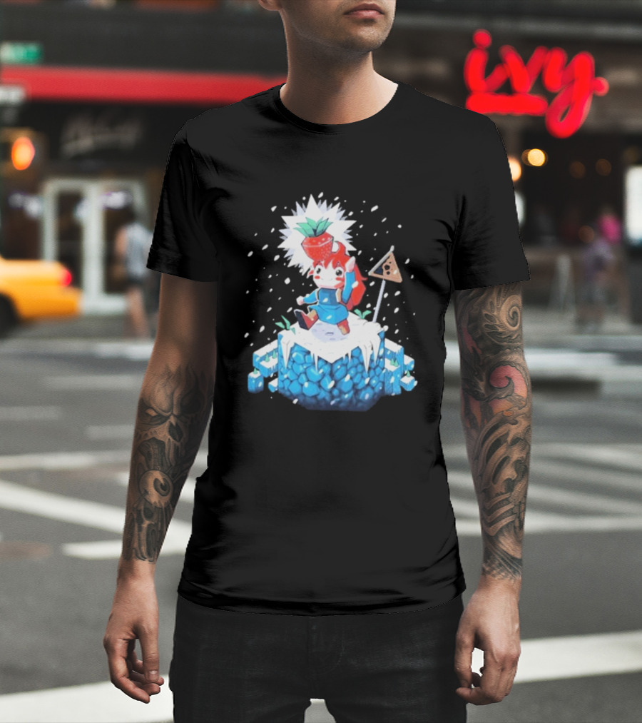 The Yetee Celeste 64 Pixel Adventure Character With Strawberry And Flag On Ice Mountain T-Shirt