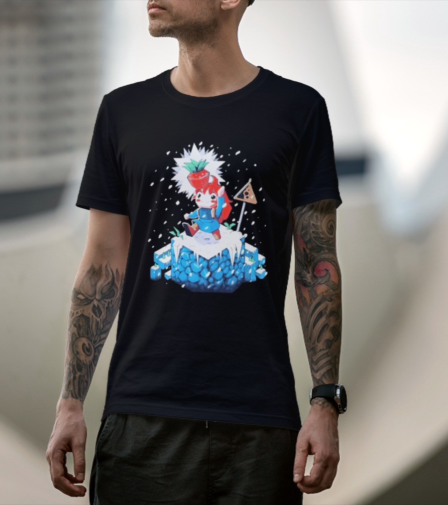 The Yetee Celeste 64 Pixel Adventure Character With Strawberry And Flag On Ice Mountain T-Shirt