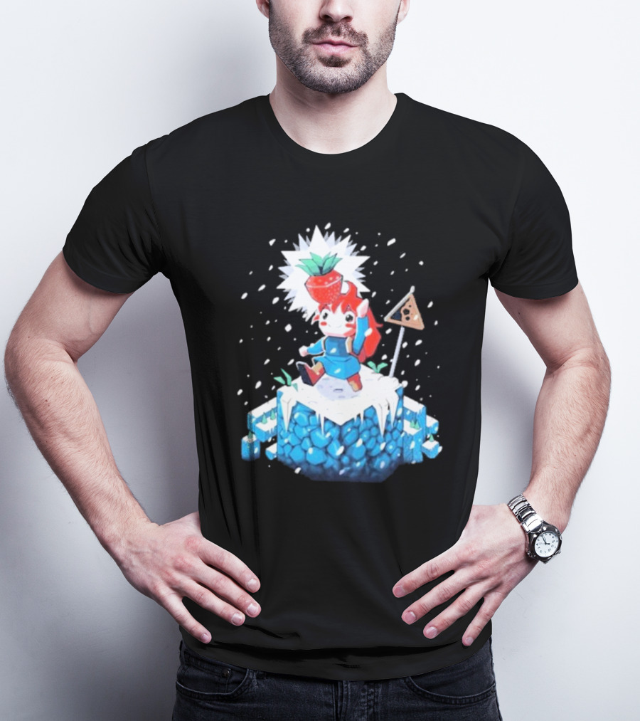 The Yetee Celeste 64 Pixel Adventure Character With Strawberry And Flag On Ice Mountain T-Shirt