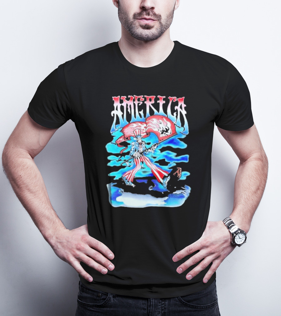 Warren Lotas America Skeleton Uncle Sam With Skull Flags T-Shirt