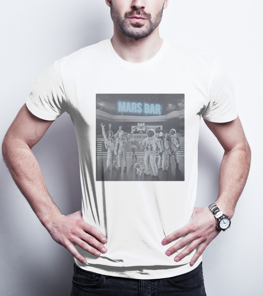 Mars Bar With Astronauts And Alien In Space Scene T-Shirt