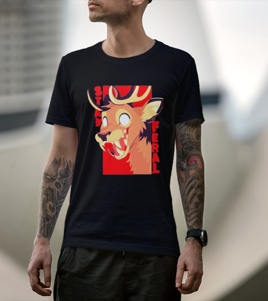 Stay Feral Toothy Deer Wild Expression Monochrome Cartoon T-Shirt