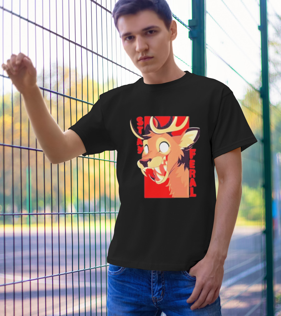 Stay Feral Toothy Deer Wild Expression Monochrome Cartoon T-Shirt