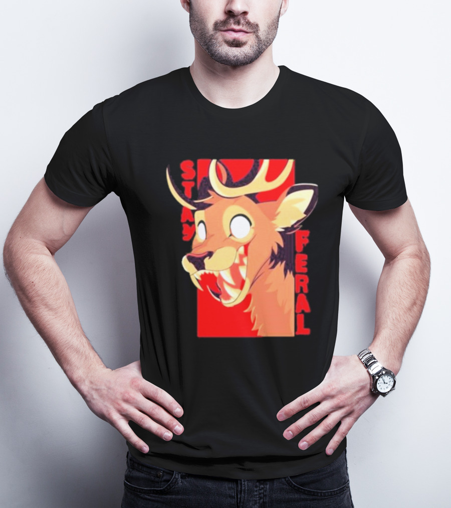 Stay Feral Toothy Deer Wild Expression Monochrome Cartoon T-Shirt