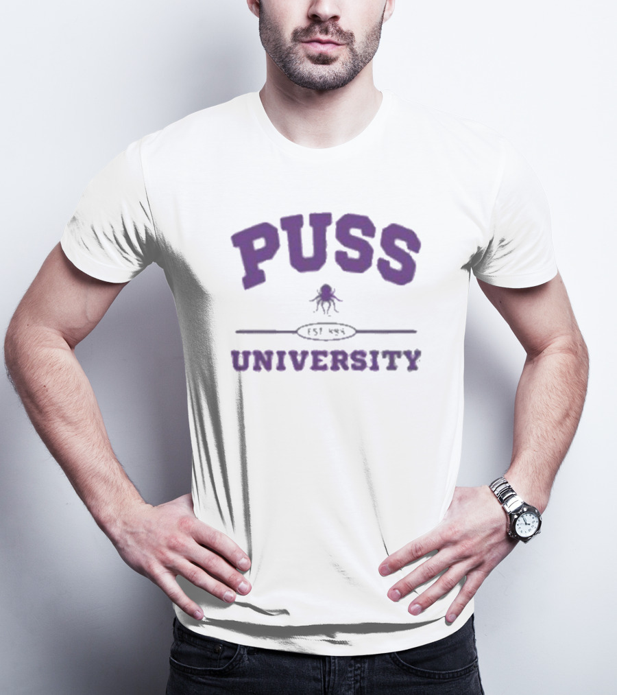 Puss University Est 888 Purple Logo Design With Octopus T-Shirt