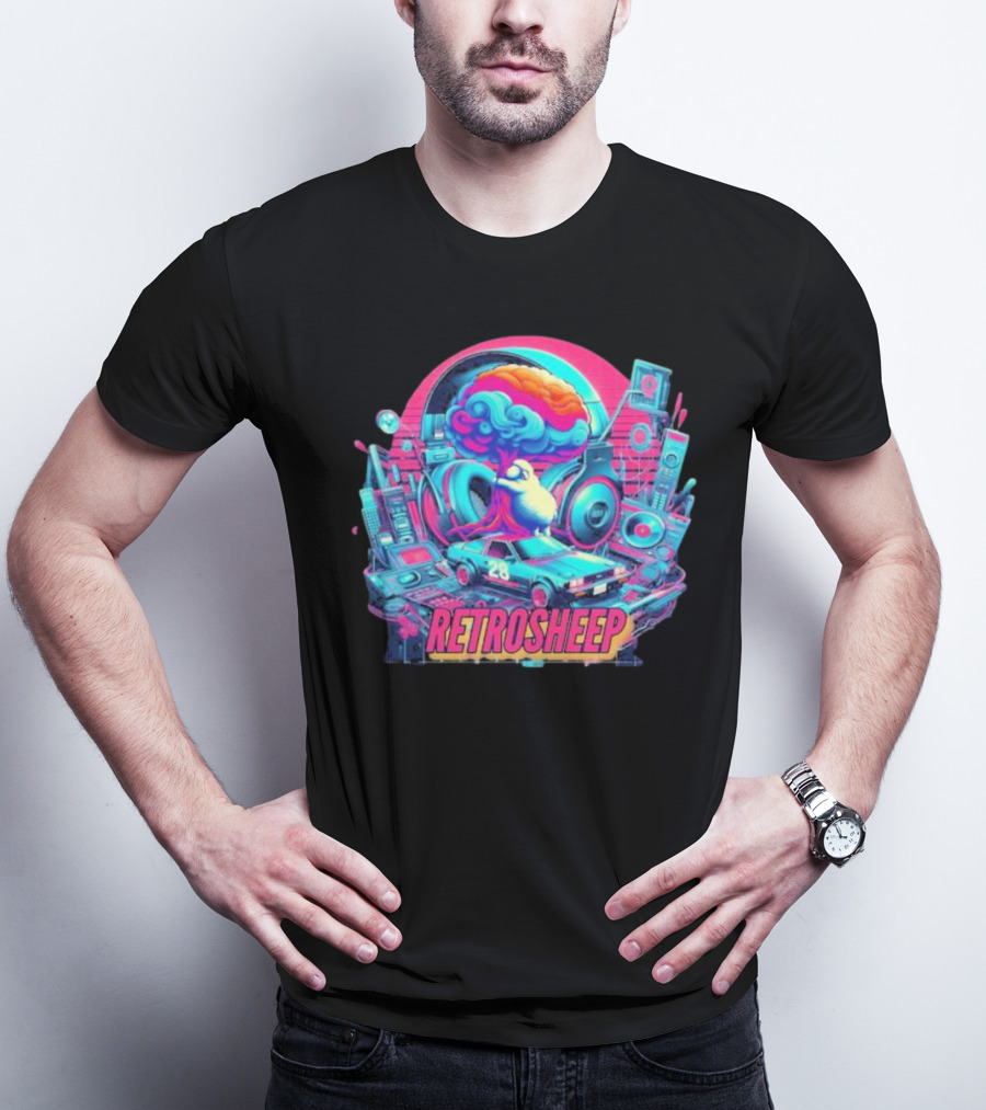 Retrosheep Neon Music Explosion With Retro Cars And Speakers T-Shirt