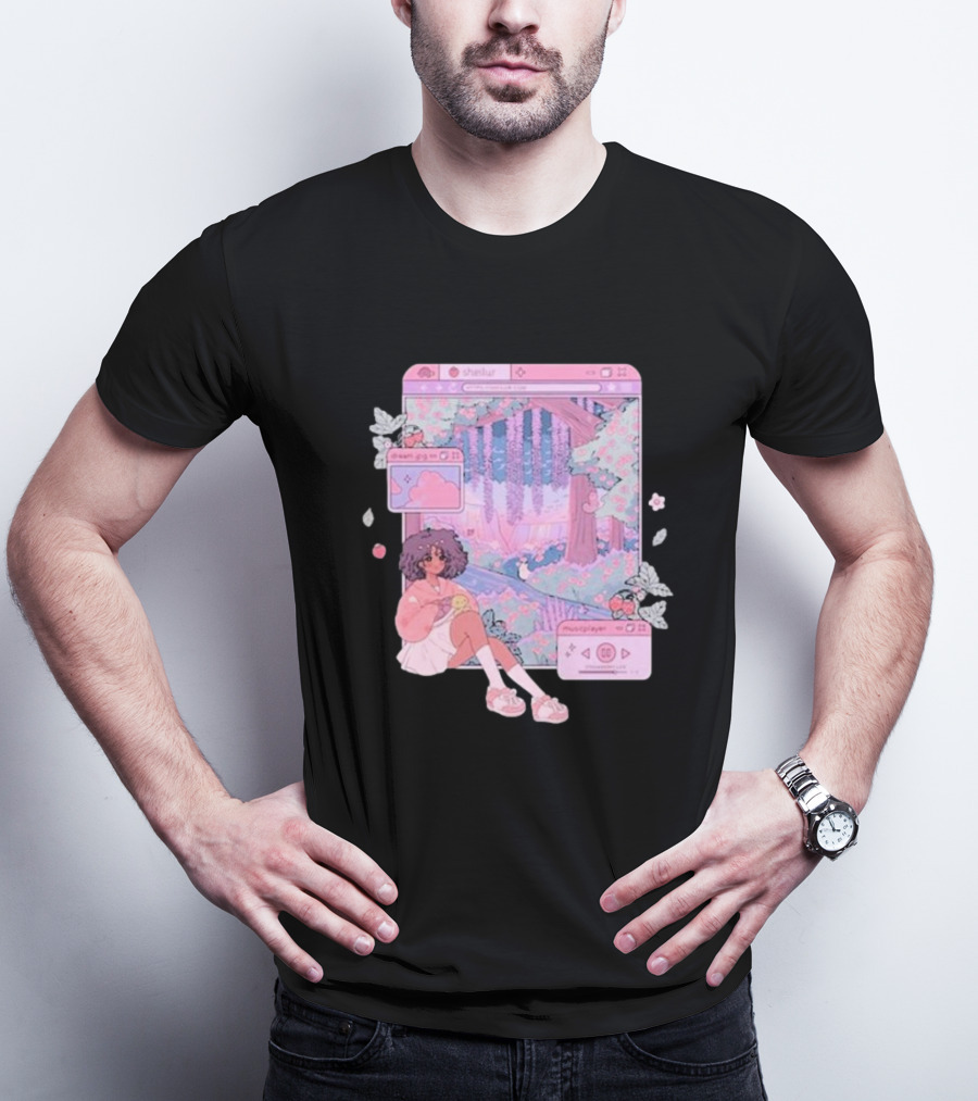 Sheilur Dreamy Strawberry Window Girl In Pink Forest T-Shirt