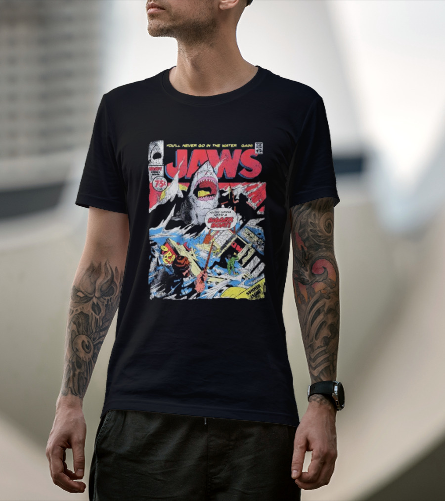 Jaws Comic Cover You'll Never Go In The Water Again You're Gonna Need A Bigger Boat 75 Cent July Roy Thomas Ross Andru Comic Code Authority T-Shirt