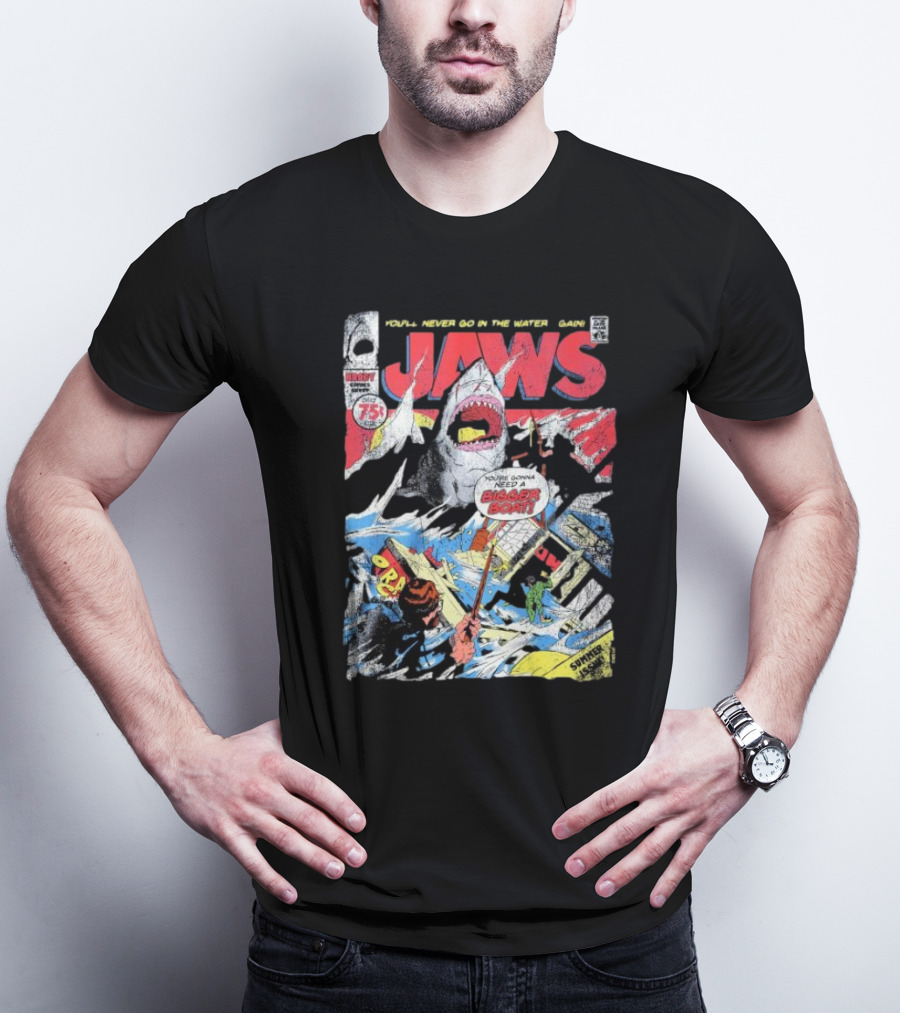 Jaws Comic Cover You'll Never Go In The Water Again You're Gonna Need A Bigger Boat 75 Cent July Roy Thomas Ross Andru Comic Code Authority T-Shirt