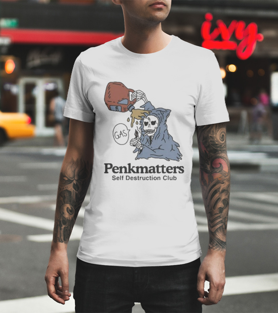 Penkmatters Self Destruction Club Gas Can Pouring On Hooded Figure T-Shirt
