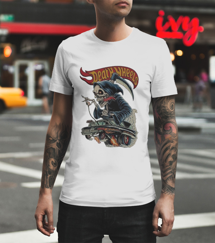 Deadly Wheels Krisna Okky Death Wheels Grim Reaper Driving Flaming Car T-Shirt
