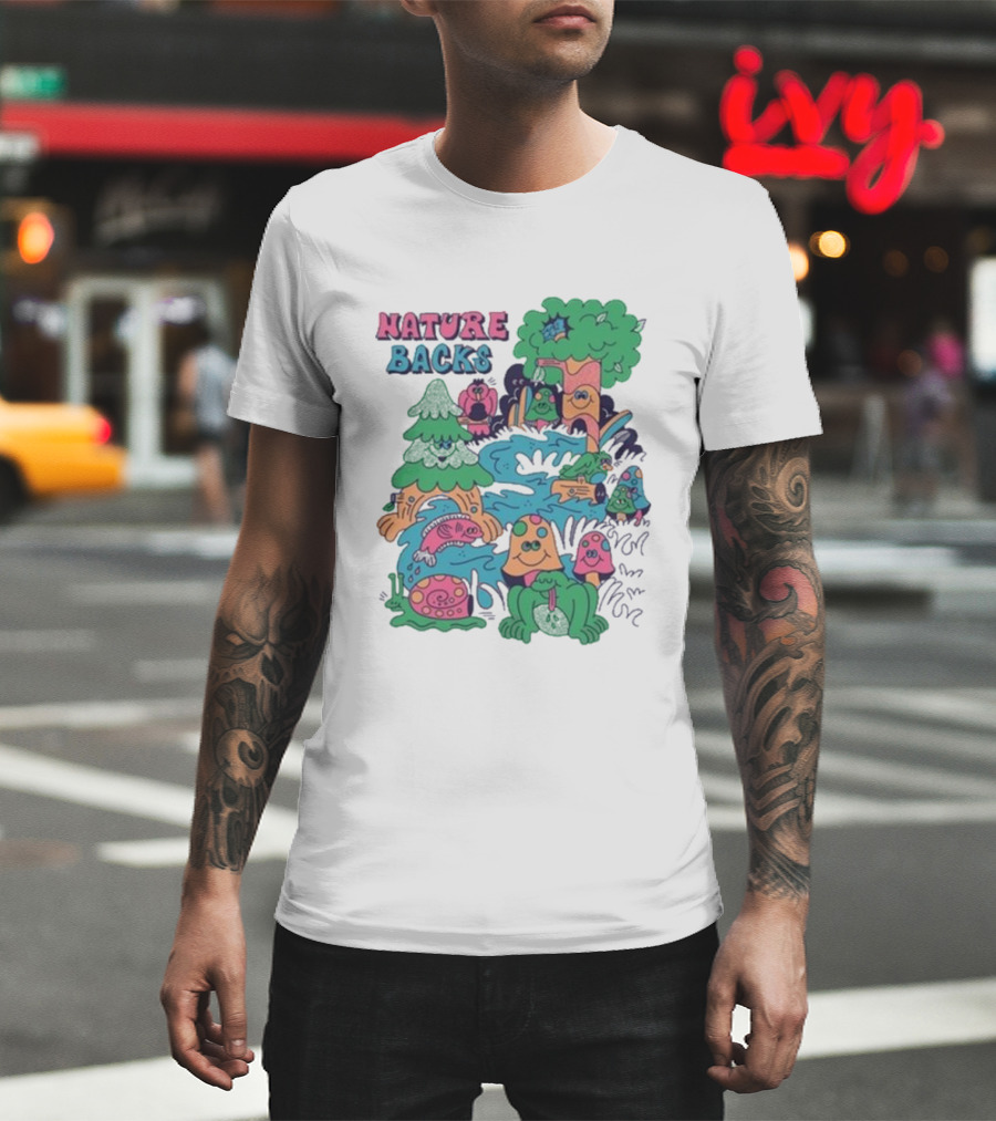 Nature Backs Funky Forest With Colorful Cartoon Animals And Trees T-Shirt