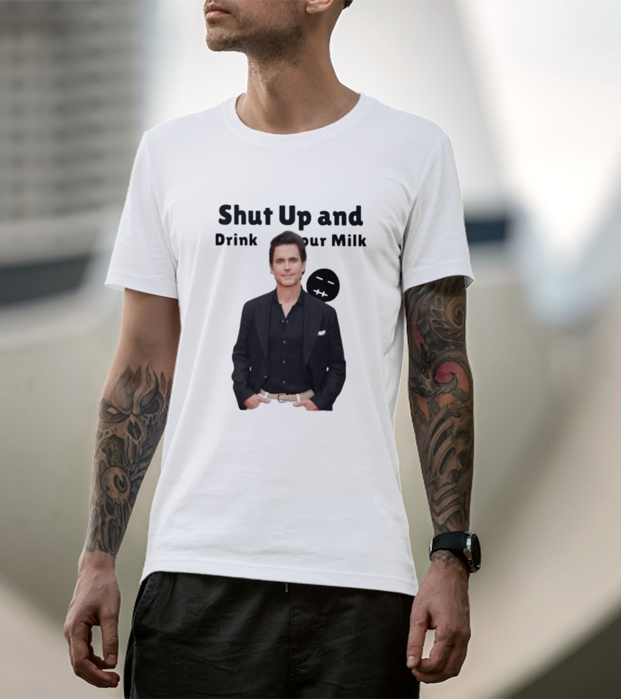 Shut Up And Drink Your Milk With Smiling Man In Black Suit T-Shirt