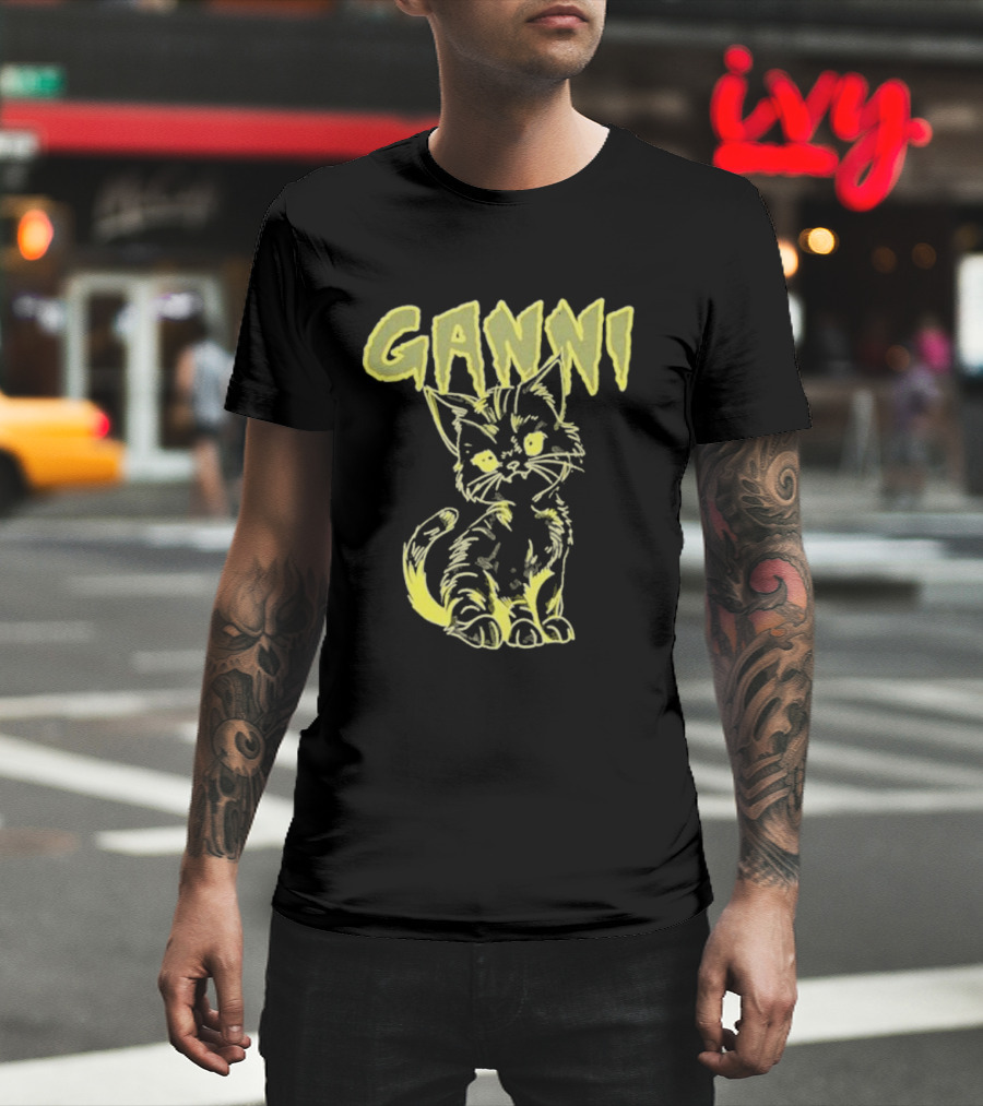 Ganni Relaxed Cat Graphic Yellow Neon T-Shirt