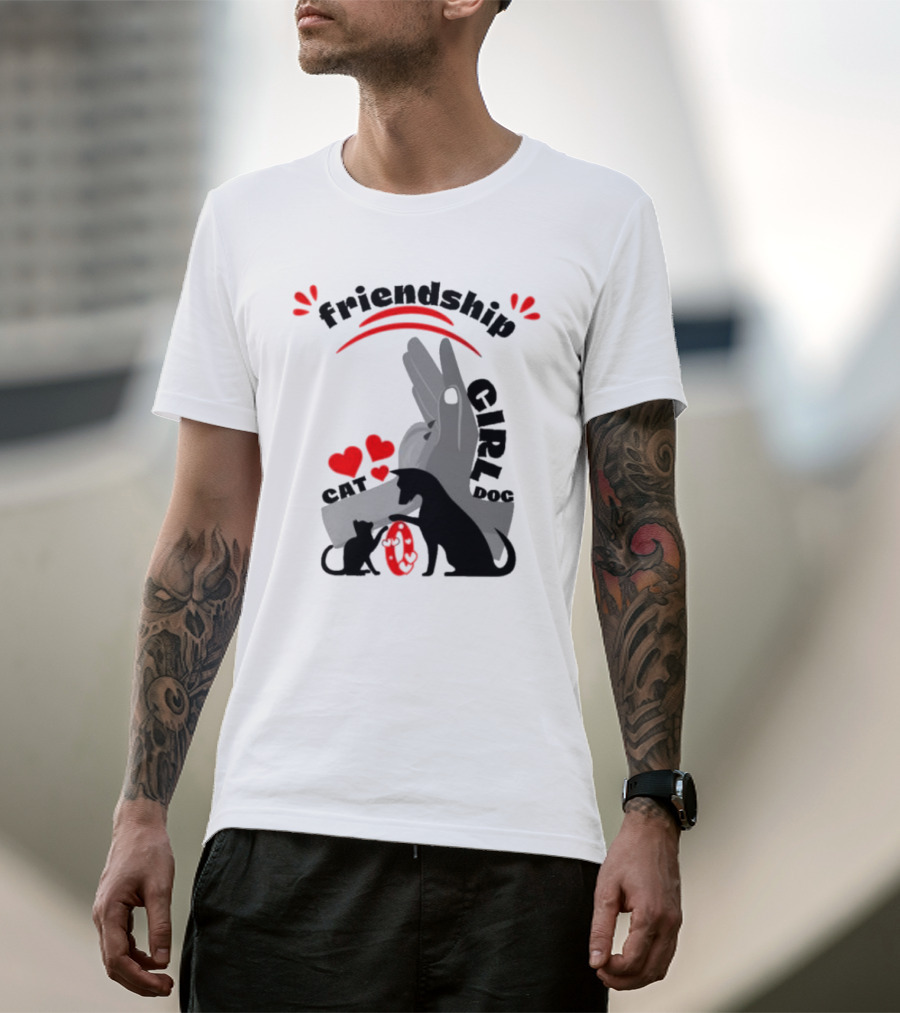 Friendship Girl Cat Dog Pet Pal Hearts T-Shirt