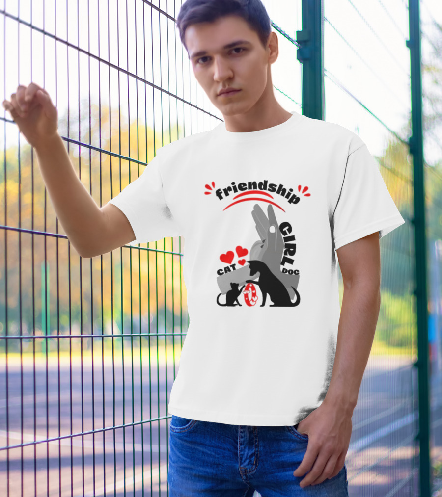 Friendship Girl Cat Dog Pet Pal Hearts T-Shirt