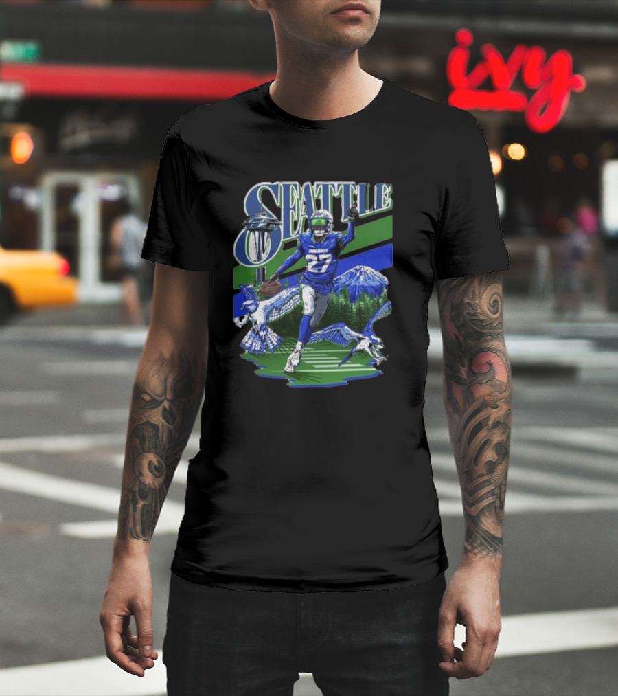 Seattle Seahawks Tariq Woolen Number 27 With Space Needle And Mountain Background T-Shirt