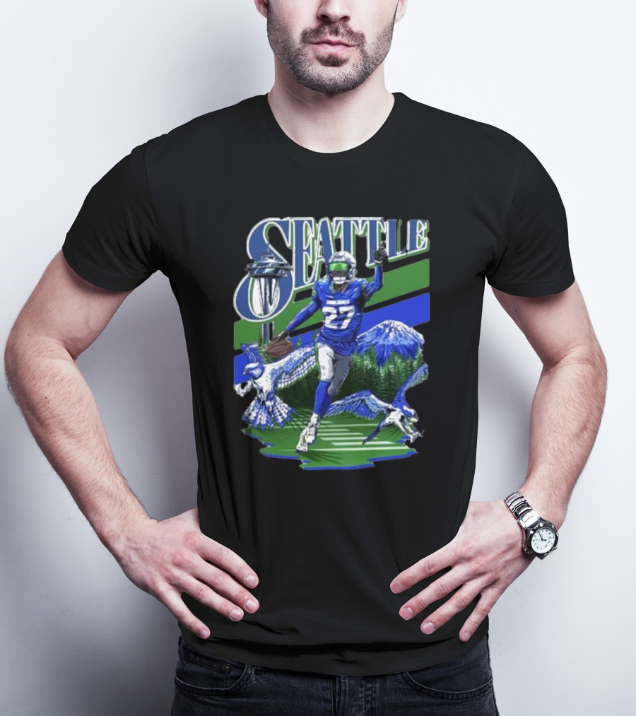 Seattle Seahawks Tariq Woolen Number 27 With Space Needle And Mountain Background T-Shirt